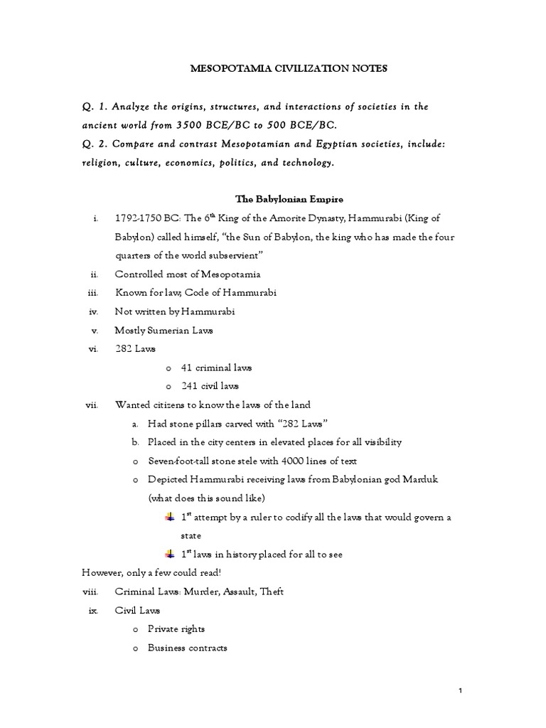 Mesopotamia Civilization Summarised Notes | PDF | Hammurabi | Babylonia