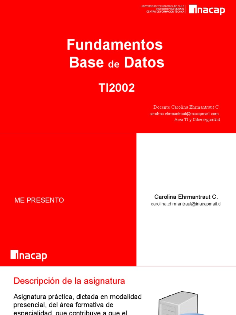 Fundamentos Base Datos: Docente Carolina Ehrmantraut C | PDF | Bases de datos | SQL