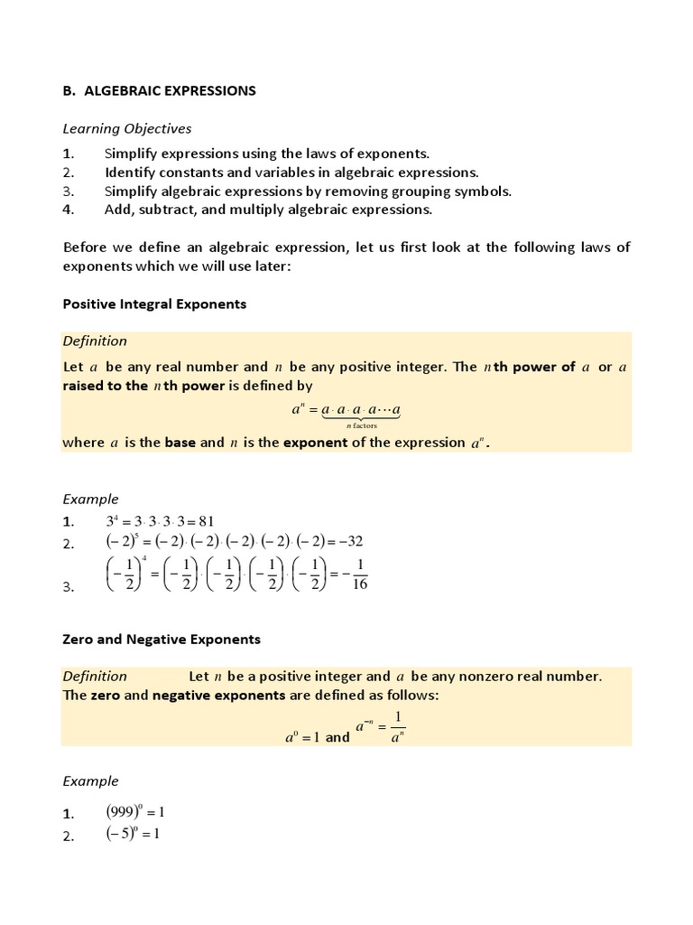 1 Laws of Exponents and Algebraic Expressions | PDF | Polynomial ...