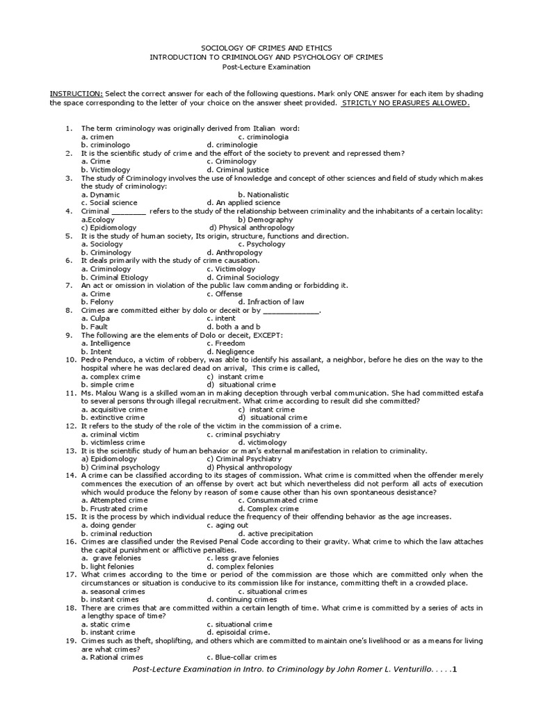 Introduction to Criminology Final Examination | PDF | Criminology ...