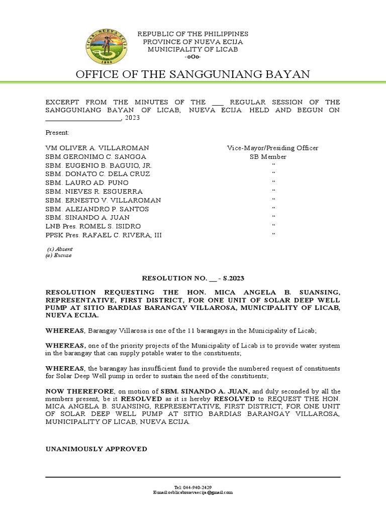 Resolution Requesting a Solar Deep Well Pump for Barangay Villarosa ...