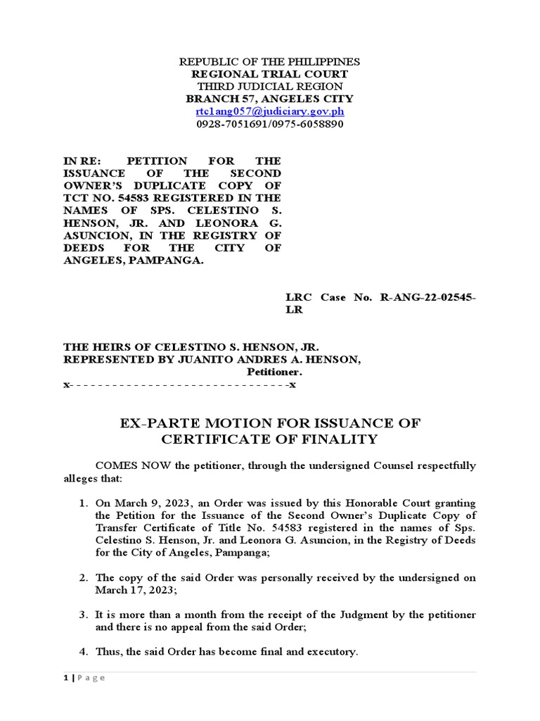 Ex-Parte Motion For Issuance of Certificate of Finality | Download Free ... Ex-Parte Motion For Issuance of Certificate of Finality | Download Free ...