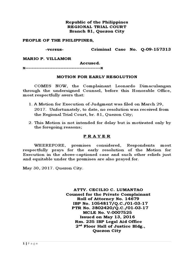MOTION FOR EARLY RESOLUTION | PDF