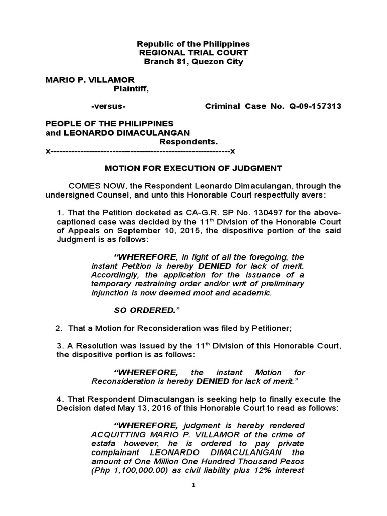 Motion For Execution of Judgment | PDF | Judgment (Law) | Injunction Motion For Execution of Judgment | PDF | Judgment (Law) | Injunction