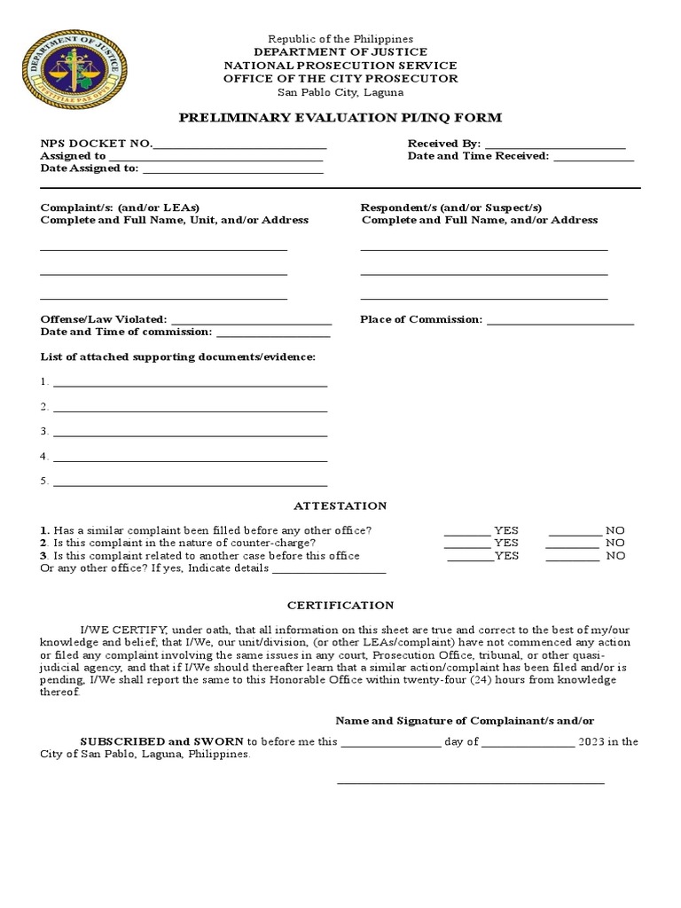 Preliminary Evaluation PI INQ FORM | PDF | Complaint | Prosecutor