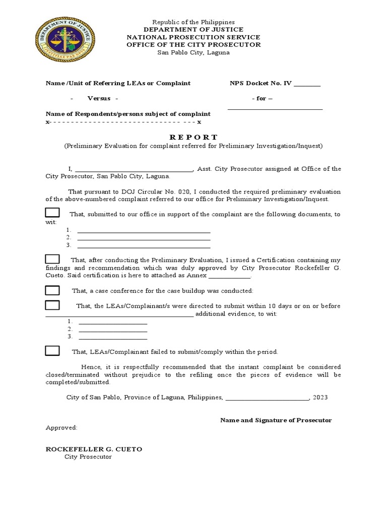 Report Preliminary Evaluation For Complaint Referred To PI Inquest ...