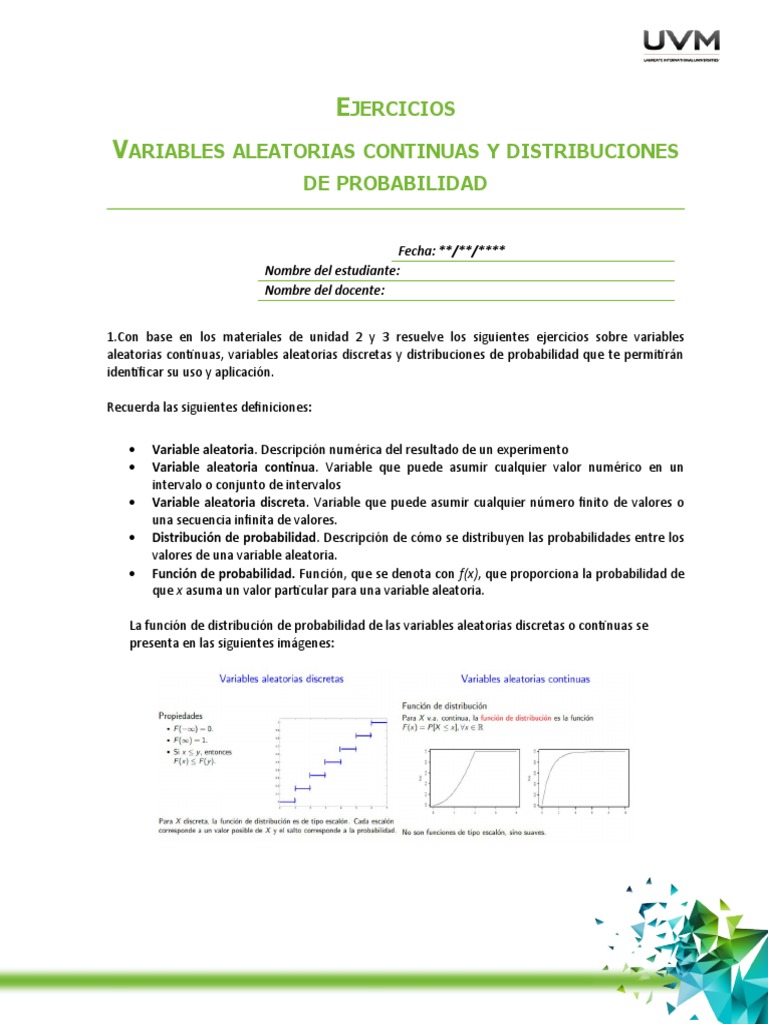 U3 - Ejercicios Distribución | PDF | Variable aleatoria | Desviación Estándar