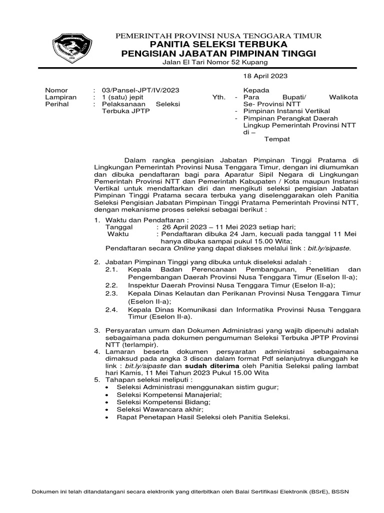 Surat Pengumuman Seleksi Terbuka | PDF