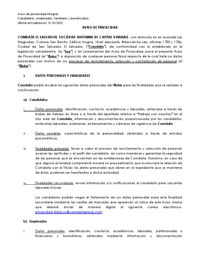 Aviso - Privacidad - Integral - RH - Cmdta - El Salvador | PDF | Seguro | Seguro de vida