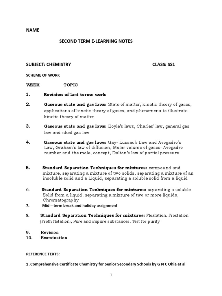 SS1 Chemistry 2nd Term Lesson Note PDF | PDF | Mole (Unit) | Gases