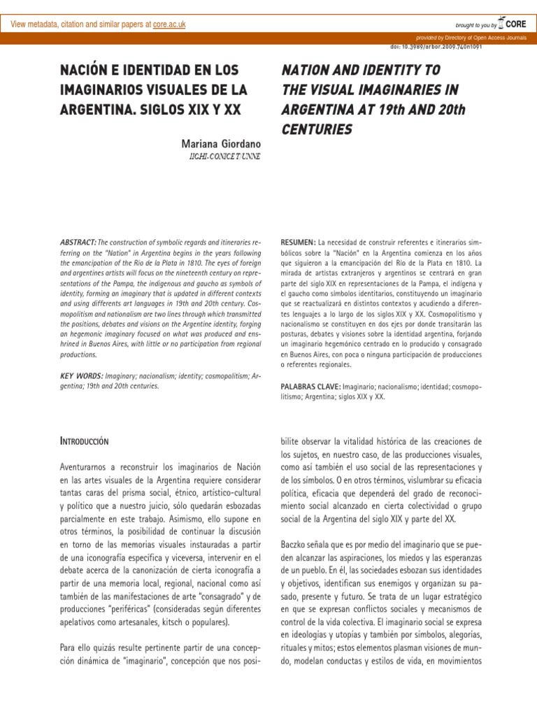 Nación E Identidad en Los Imaginarios Visuales de La Argentina. Siglos ...