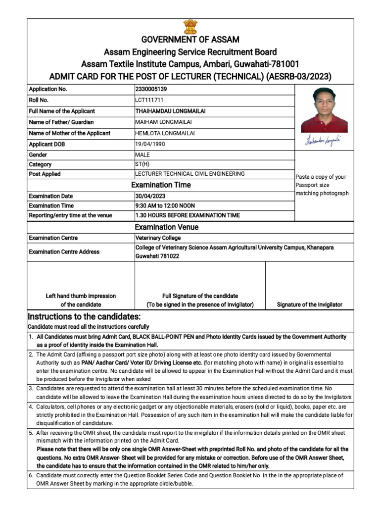 Admit Card for the Post of Lecturer (Technical) Civil Engineering Examination | PDF | Identity ...