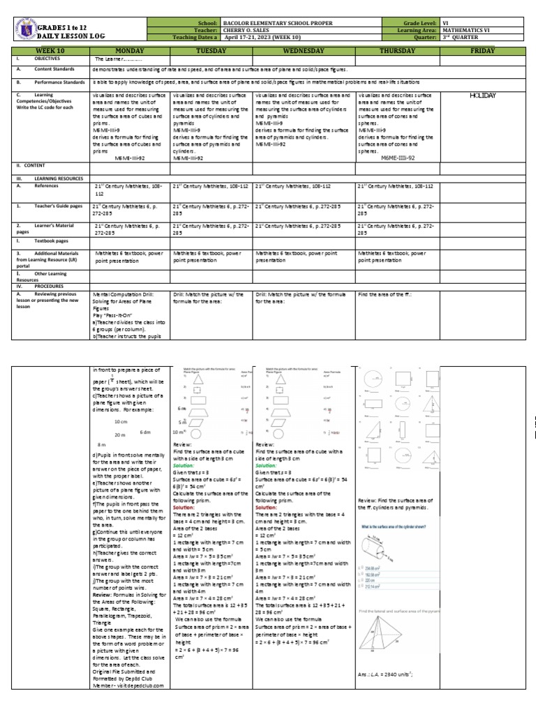 DLL Math 6 Q3 W10 | Download Free PDF | Area | Length