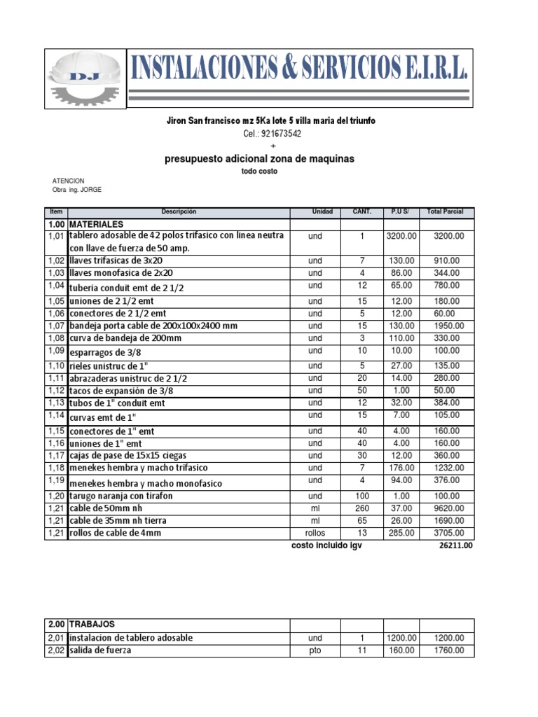 Presupuesto Adicional Cto - de Maquinarias | PDF