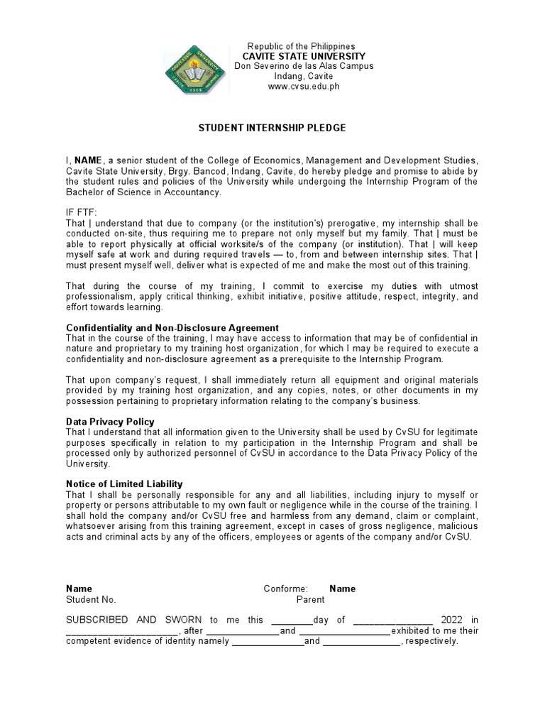 Student Internship Commitment Pledge | PDF | Confidentiality | Privacy