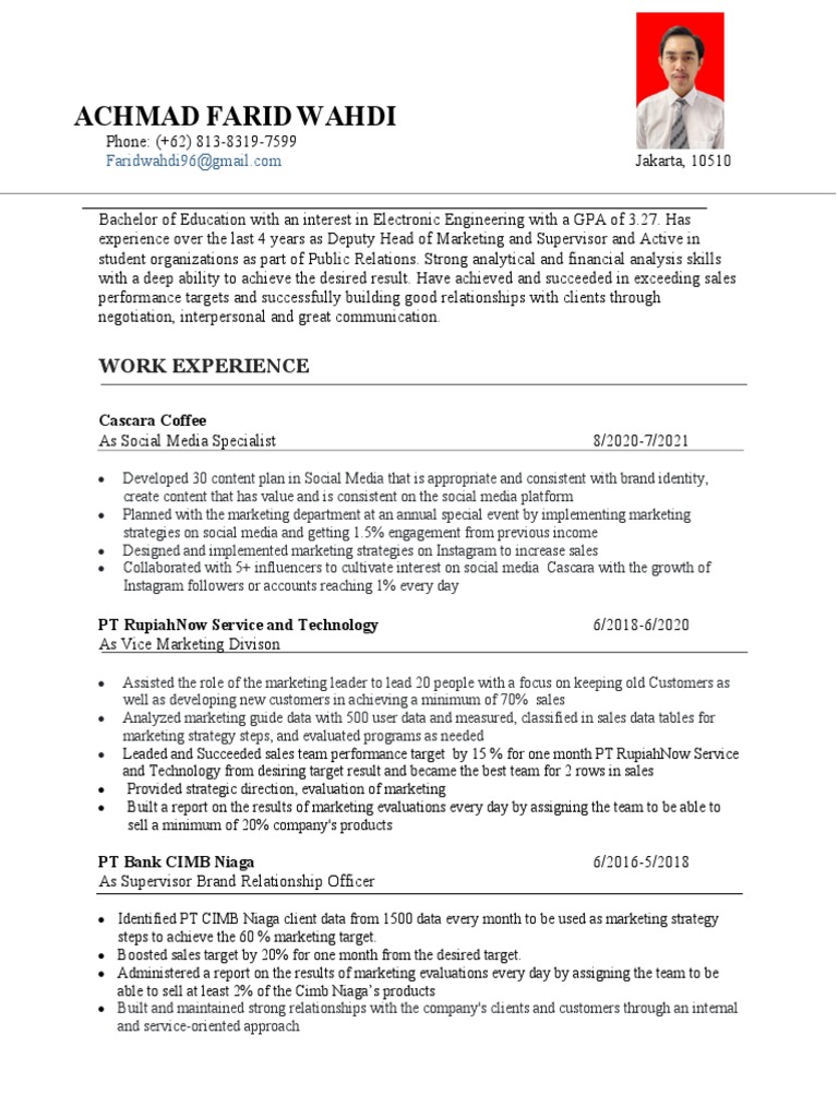 Achmad Farid Wahdi: Work Experience | PDF | Marketing | Sales