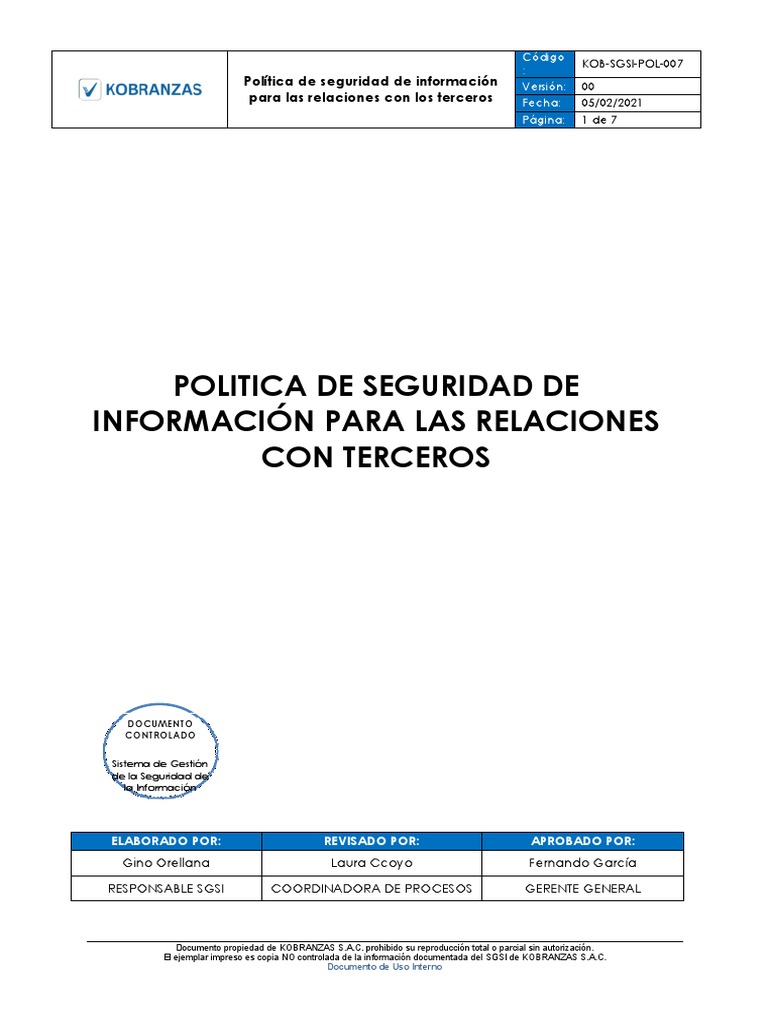 KOB-SGSI-PO-007 Politica de seguridad de información para las relaciones con los terceros | PDF ...