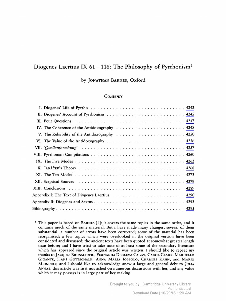 Jonathan Barnes, Diogenes Laertius IX 61-116, ANRW | PDF | Truth | Philosophical Movements