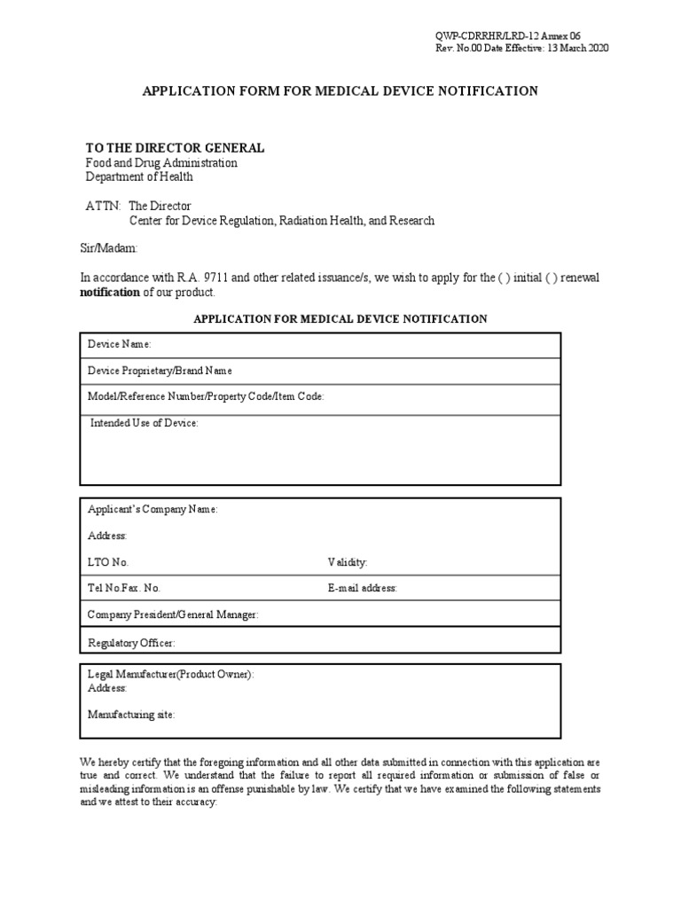 Application Form For Medical Device Notification: To The Director ...