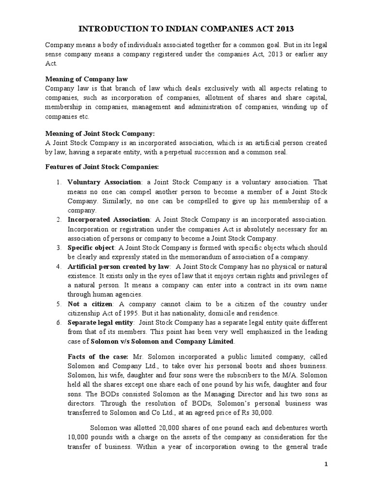 Unit I Introduction To Indian Companies Act 2013 Download Free Pdf