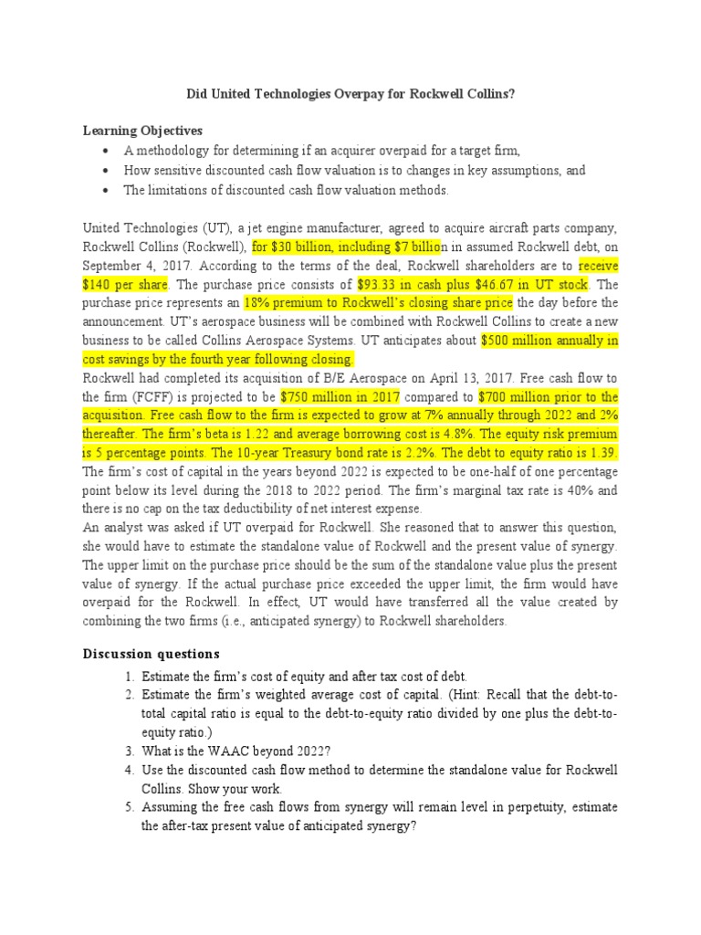 Did UT Overpay for Rockwell Collins? | PDF | Cost Of Capital | Free ...