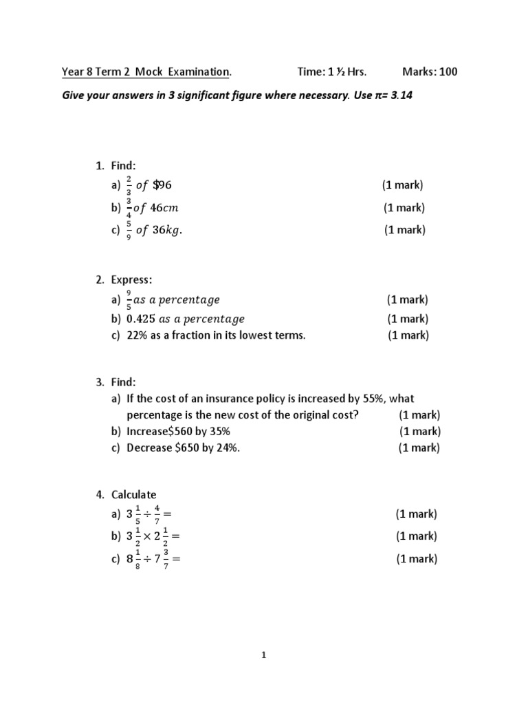 Year 8 Term 2 Mock Examination Pdf Area Circle