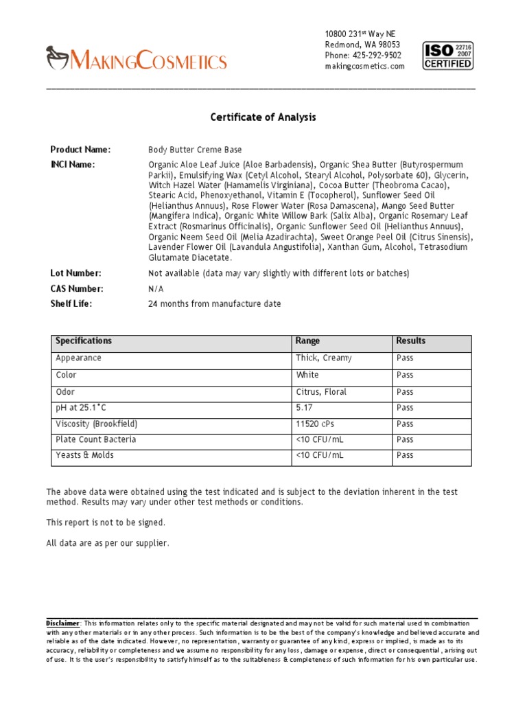 Certificate of Analysis: Product Name: INCI Name | Download Free PDF ...