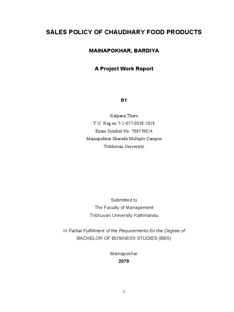 SALES POLICY OF CHAUDHARY FOOD PRODUCTS (Thesis Cover) Kalpana Tharu | PDF