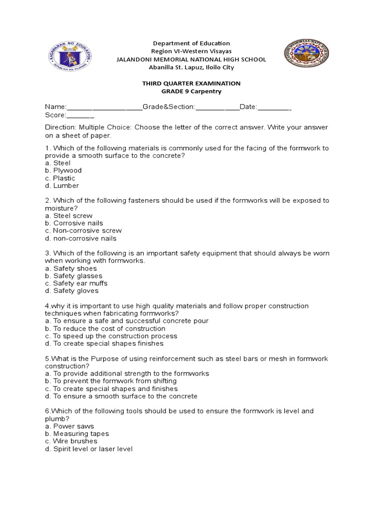 Grade 9 Carpentry Final Exam | PDF | Concrete | Personal Protective ...