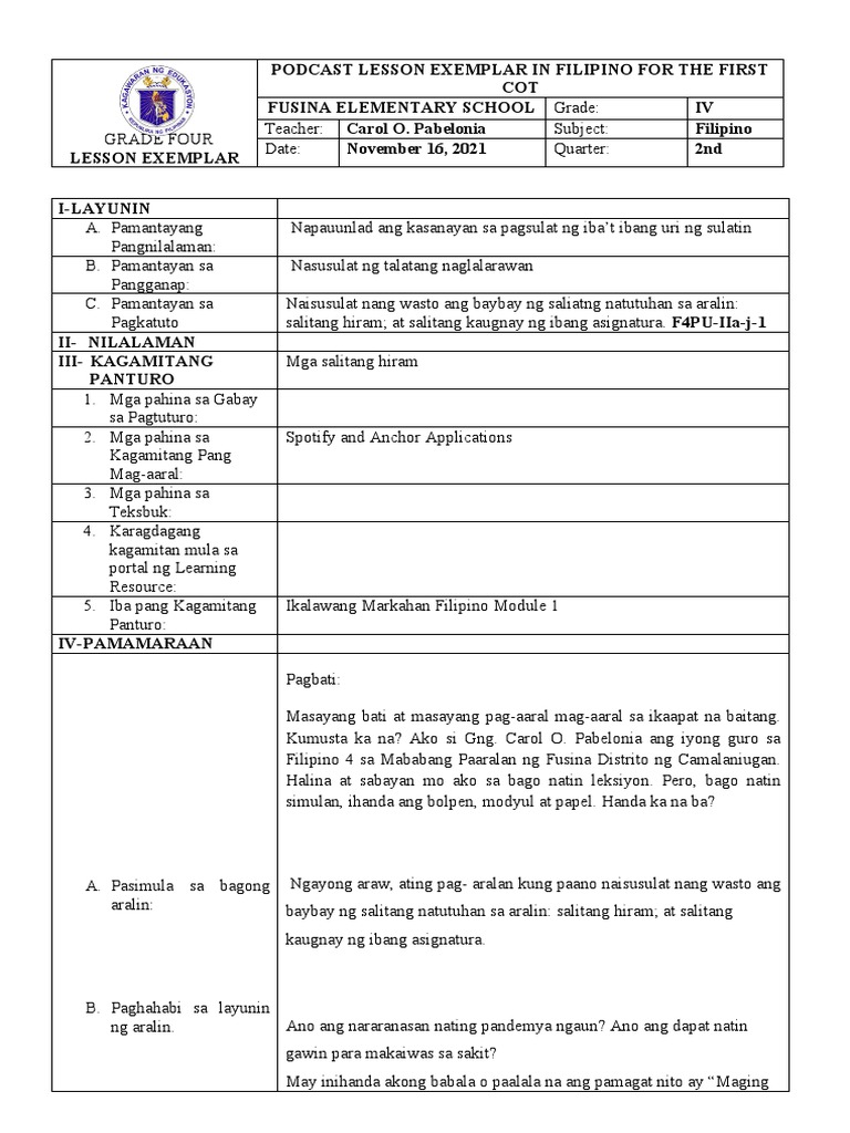 COT 1 Filipino Q2 SY.2021 2022 | PDF