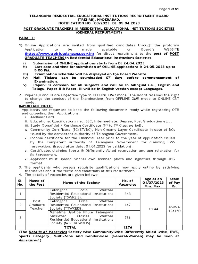 708722960detailed Notification of Post Graduate Teacher | PDF ...