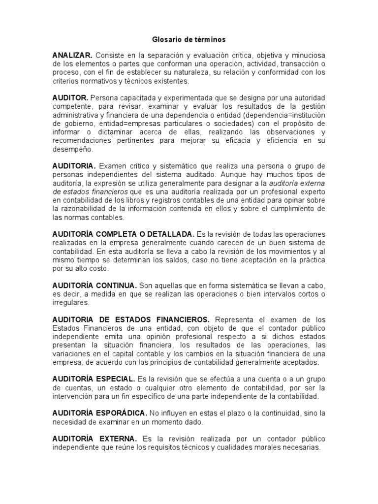 Glosario de Términos de Auditoría | PDF | Auditoría financiera | Contralor