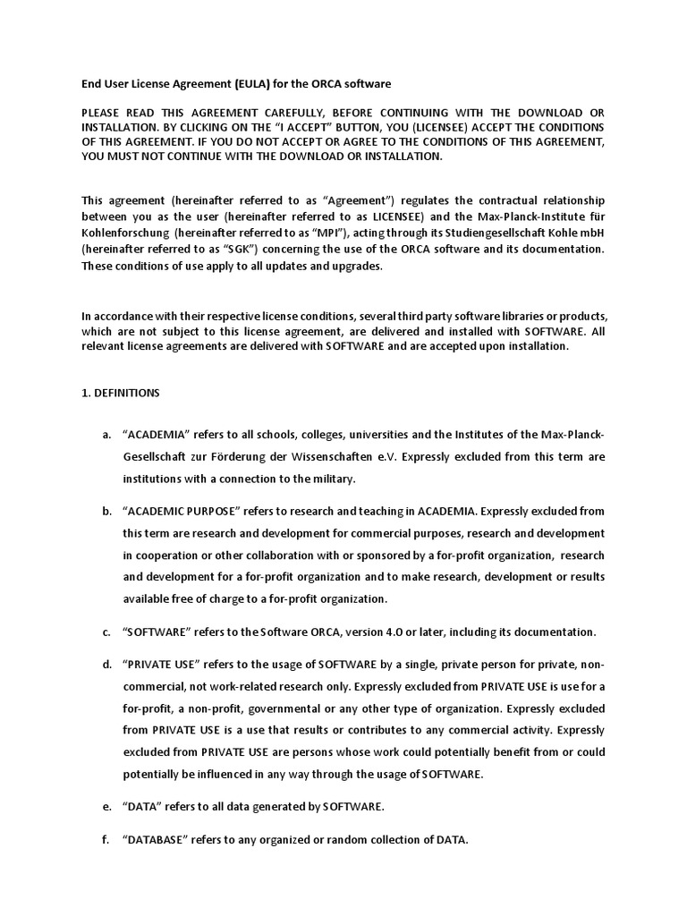 End User License Agreement (EULA) For The ORCA Software | PDF | License ...