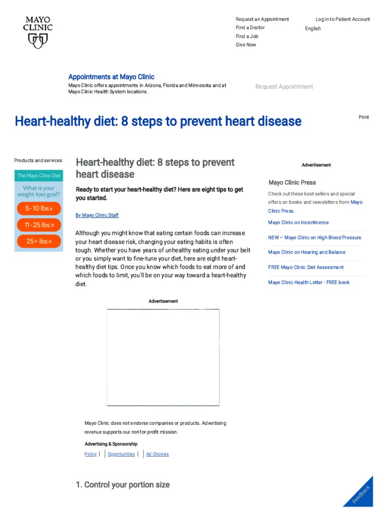 Heart-Healthy Diet - 8 Steps To Prevent Heart Disease - Mayo Clinic | PDF