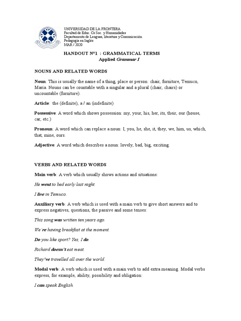 Handout N°1 Grammatical Terms Grammar I | PDF | Verb | Noun