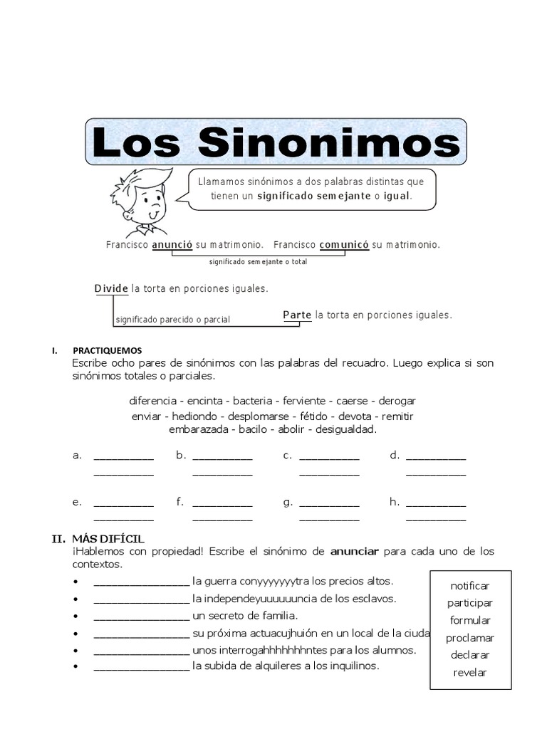 Los Sinonimos Para Sexto de Primaria | PDF | Vocabulario | Figuras del lenguaje