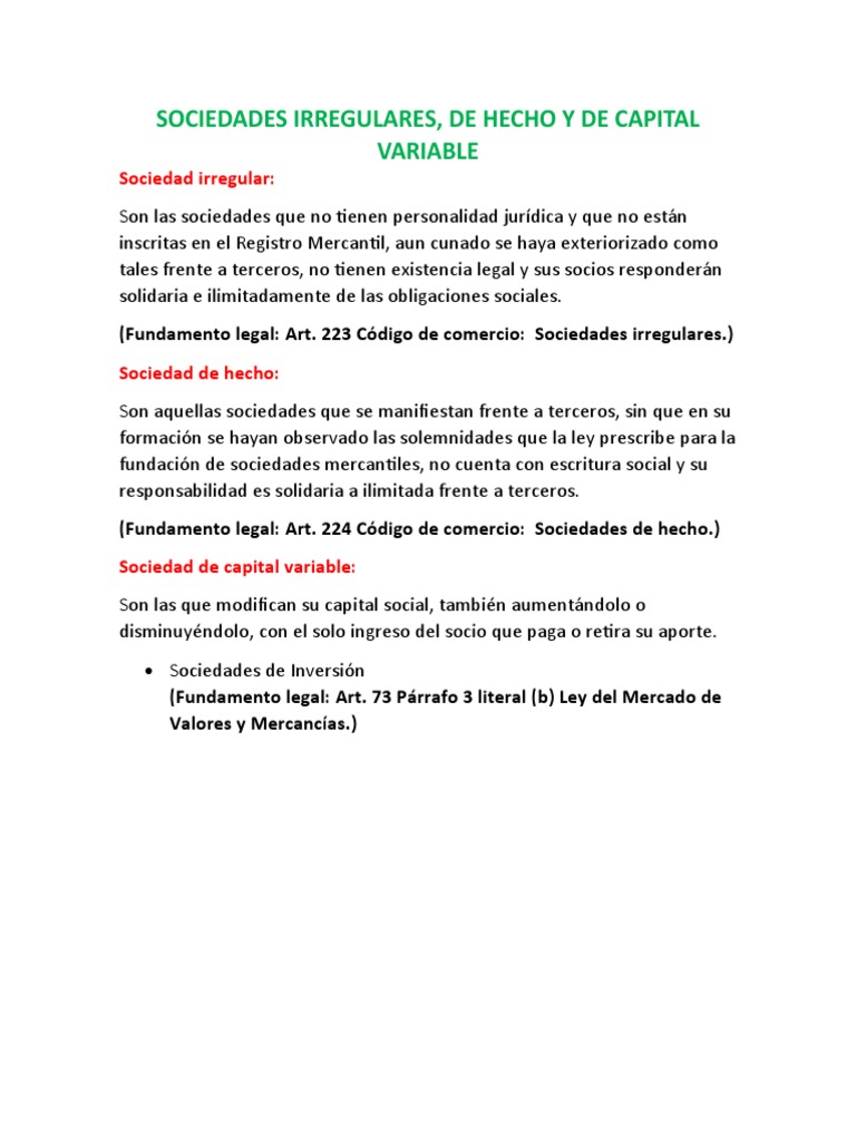 Sociedades Irregulares, de Hecho y de Capital Variable | PDF