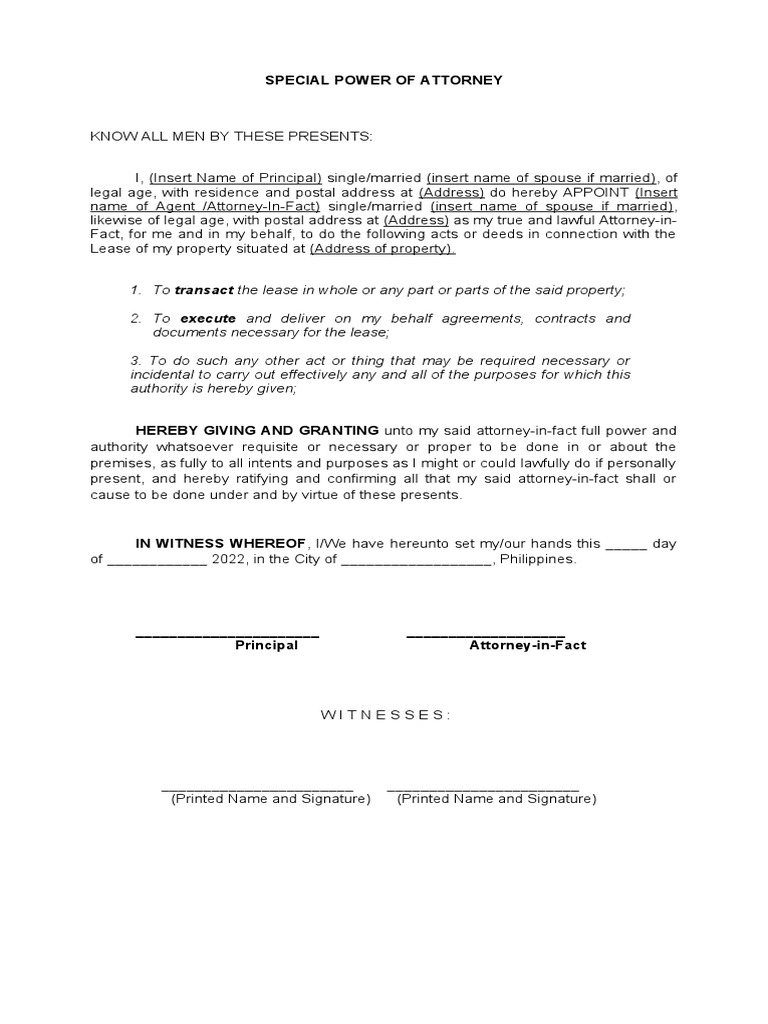 SPA Lease Updated Template | PDF | Power Of Attorney | Common Law