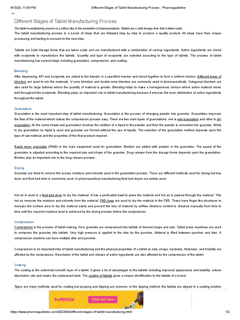 Different Stages of Tablet Manufacturing Process - Pharmaguideline ...