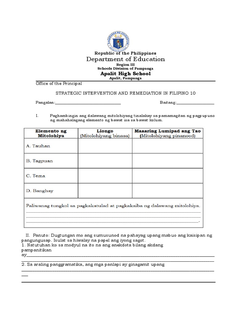 Strategic Intervention in FILIPINO 10 | PDF