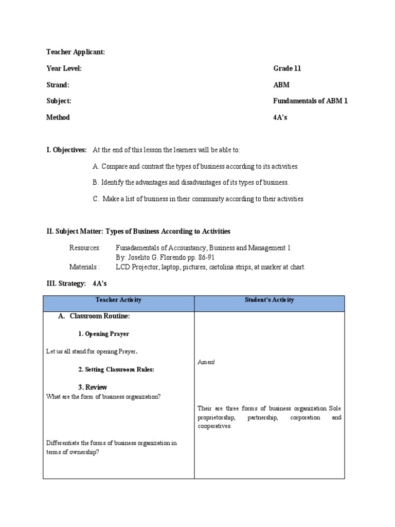 Lesson Plan ABM Fundamentals of Accountancy, Business and Management ...