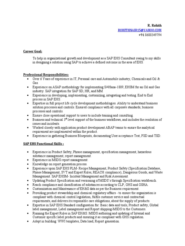 Sap Ehs CV | PDF | Dangerous Goods | Safety