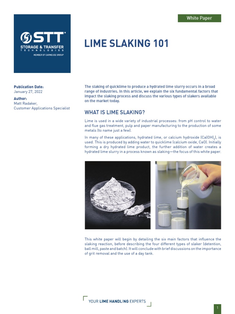 Lime Slaking 101 Whitepaper 4-06-22 | PDF | Mill (Grinding) | Chemistry