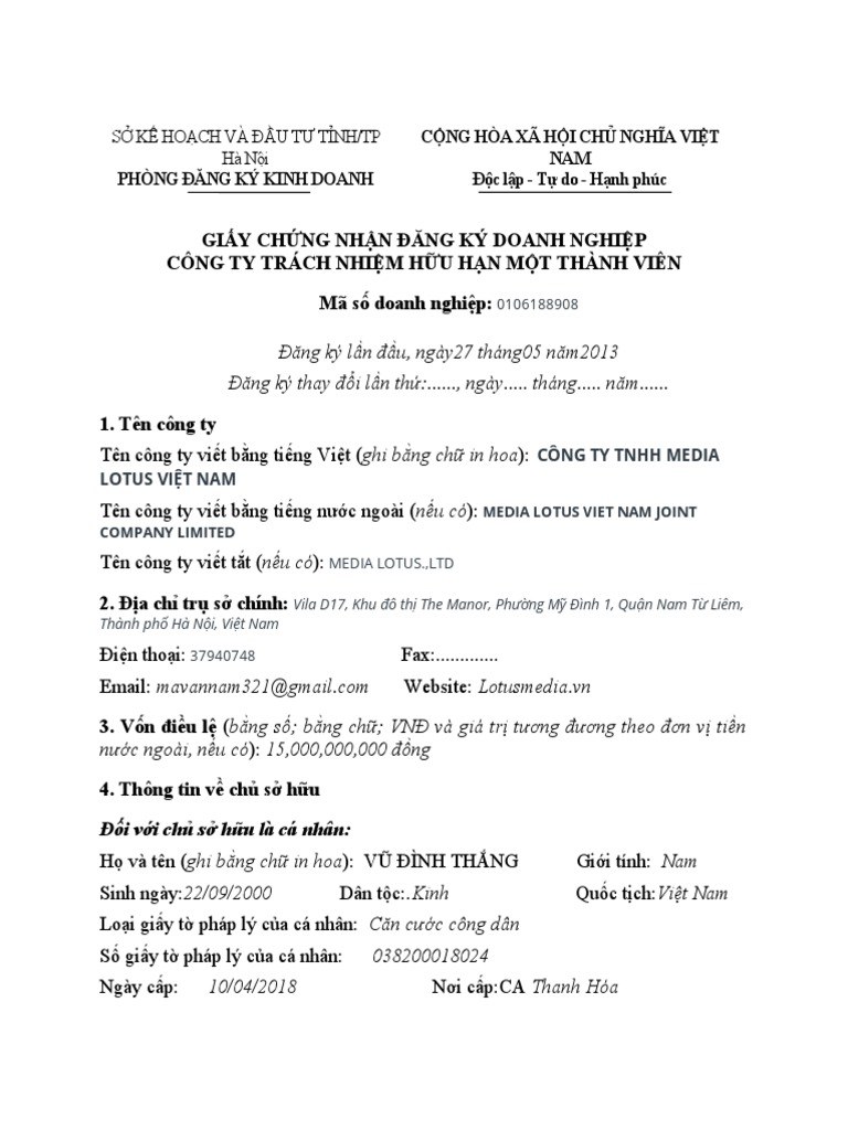 Giay Chung Nhan Dang Ky Doanh Nghiep Cong Ty TNHH 1 TV - 2203102034 | PDF