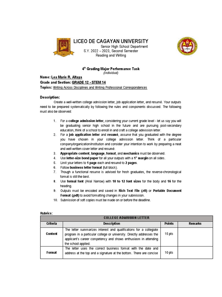 LEA MARIE ALTAYA - 4th Grading Performance Task | PDF