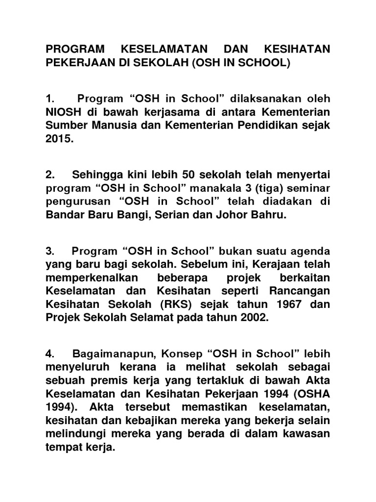 Osh in School - Main Points | PDF