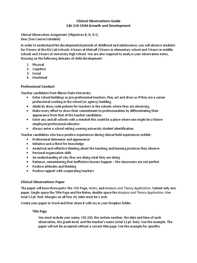 Clinical Observations Guide C&I 210 Child Growth and Development | PDF