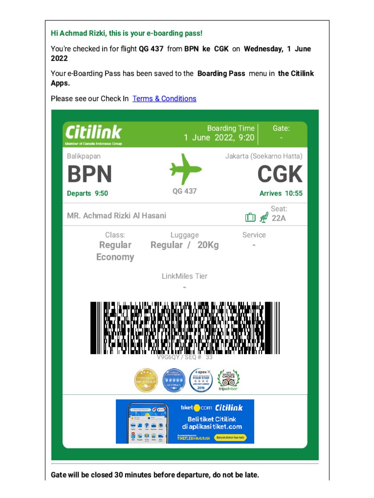 E-boarding passes for Citilink flight QG 437 from Balikpapan to Jakarta ...