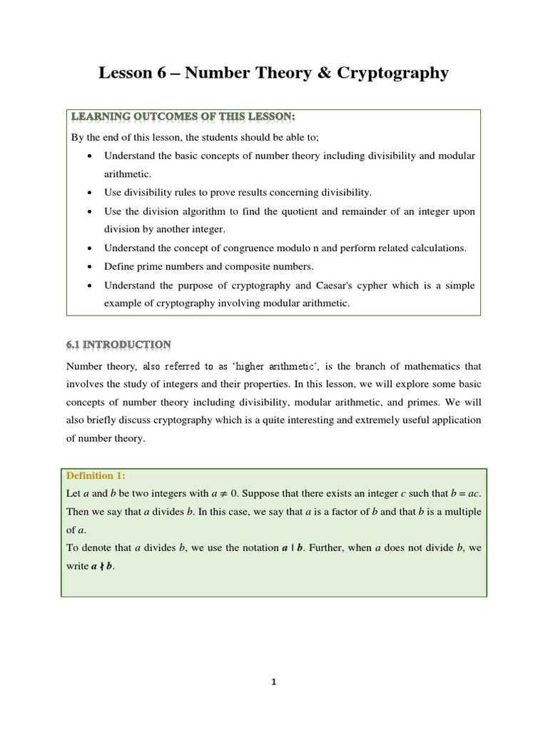 Lesson 6 - Number Theory & Cryptography: Definition 1 | Download Free PDF | Division ...