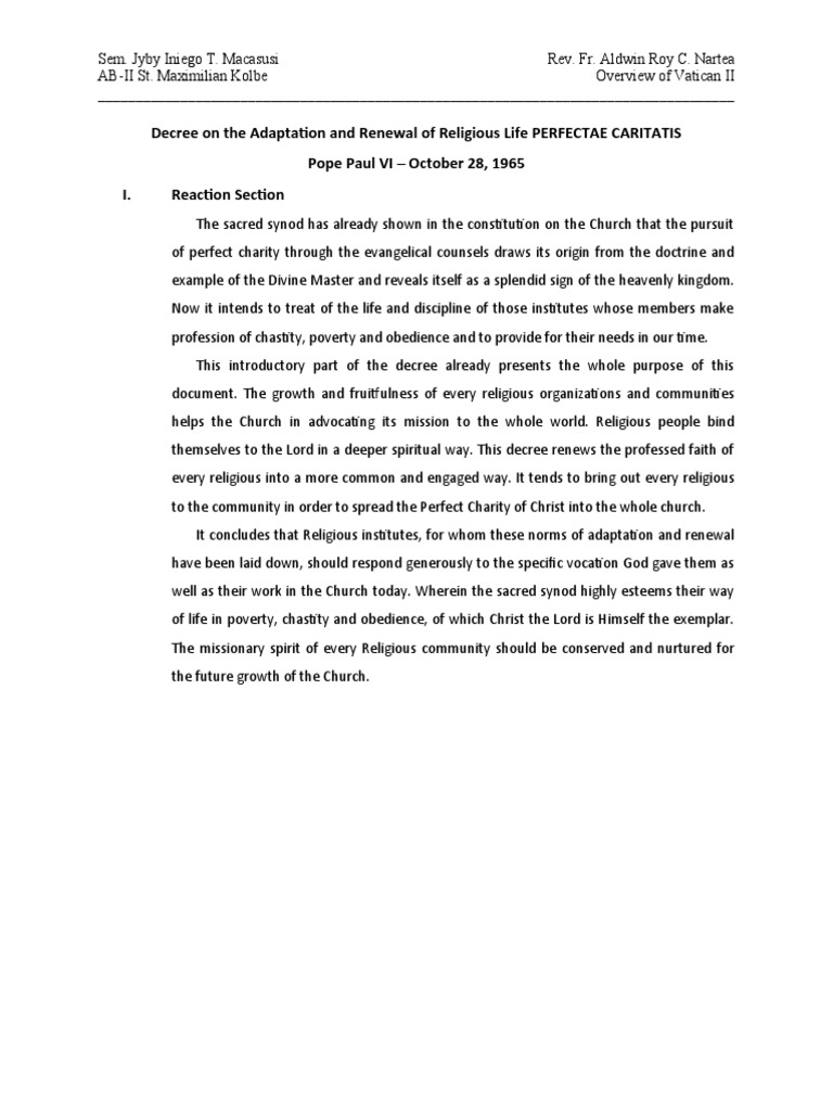 Decree On The Adaptation and Renewal of Religious Life PERFECTAE CARITATIS | PDF